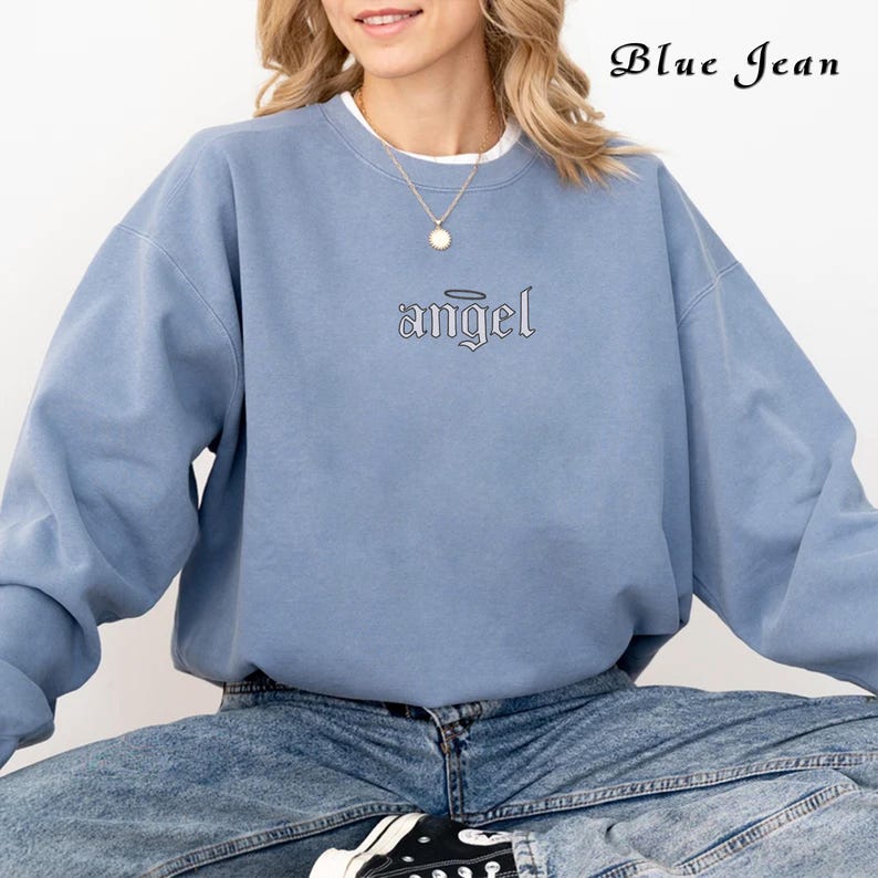 Embroidered Angel Sweatshirt, Angel Wings Crewneck, Women's Fashion ...