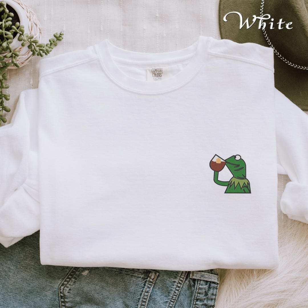Embroidered Kermit the Frog Sweatshirt, Frog Drinking Tea Sweat, Frog ...