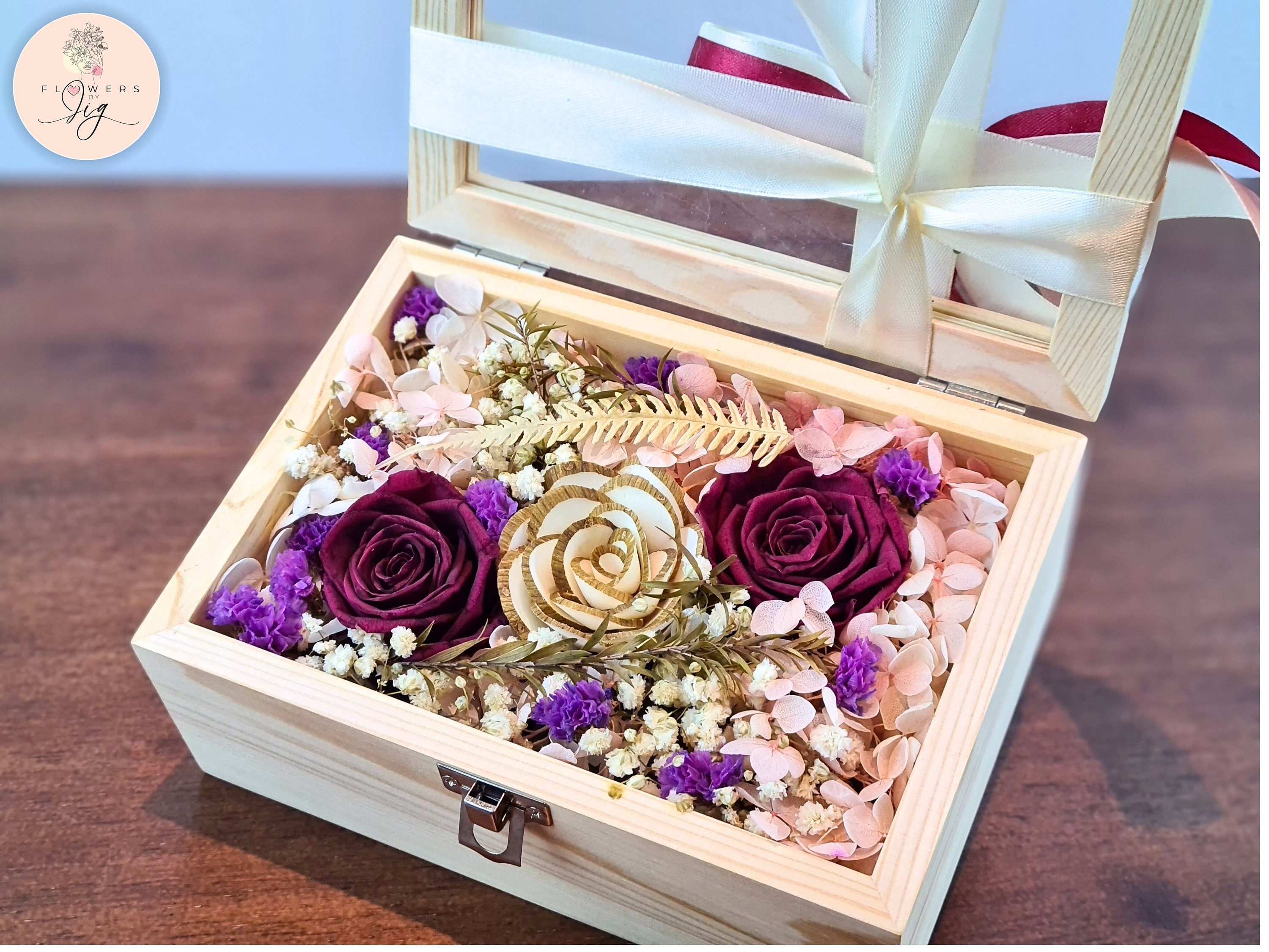 Dark Velvet Red Infinity Roses & Sola Wood Rose in Pinewood Box With ...