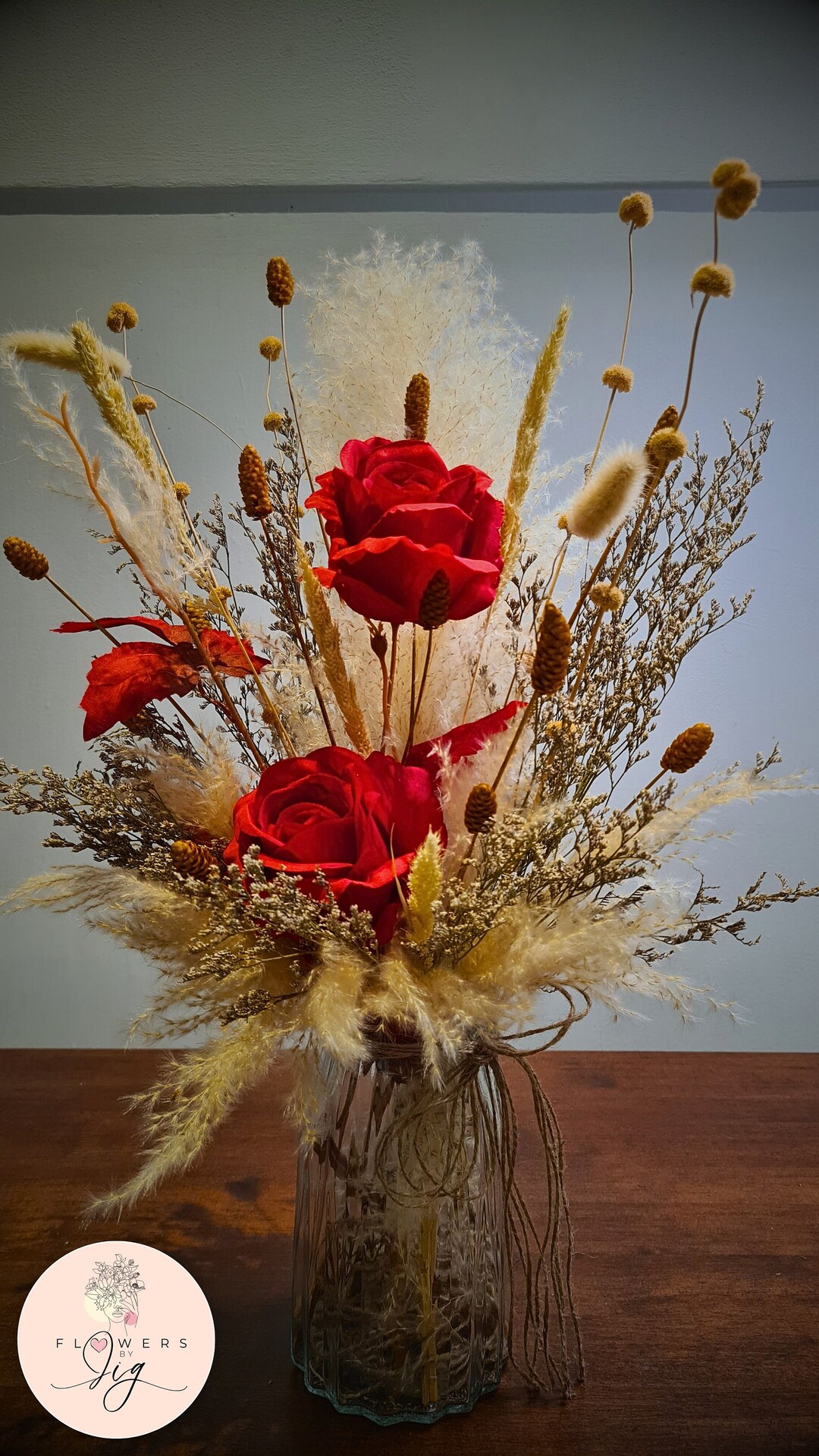 Dark Red Roses Bouquet Rustic Boho Style With Pampas, Caspia & Dried ...