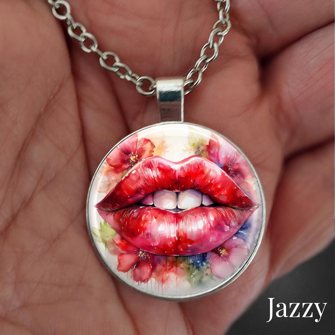 Charming Red Lips Necklace Pendant, Romantic Gift, Glass Dome, Handmade ...