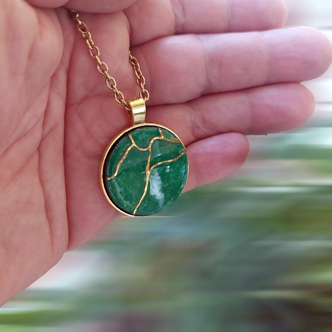 Kintsugi Emerald Green Wooden Carved Gold Plated Necklace, Handmade ...