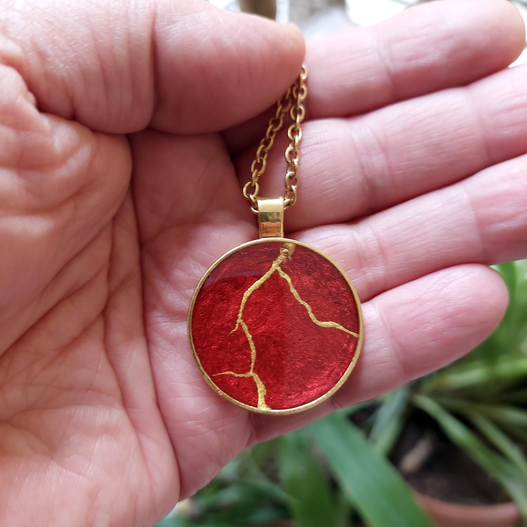 Kintsugi Blood Red Gold Plated Necklace, Handmade Jewelry, Japanese Art ...