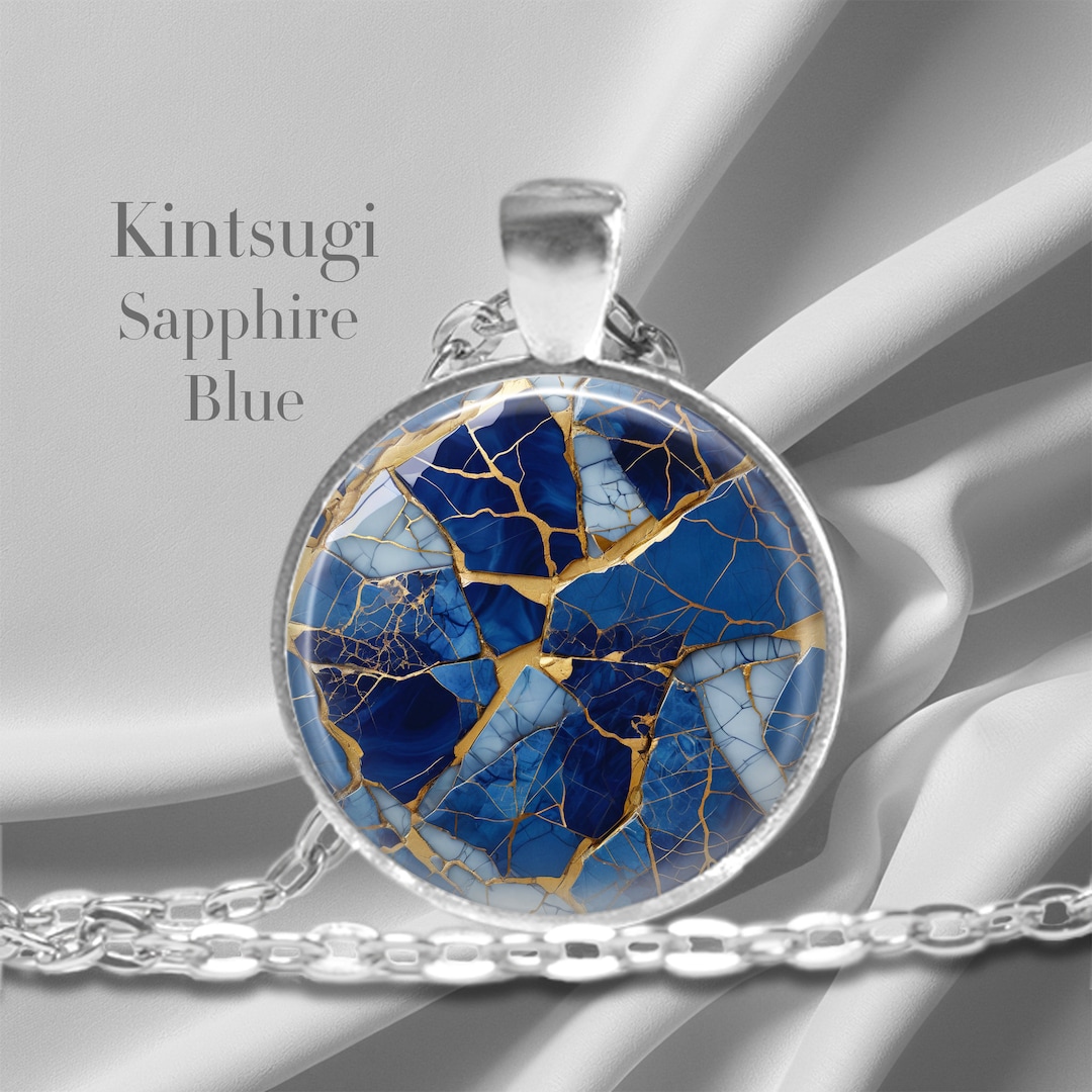 Kintsugi Sapphire Blue Quote Photo Necklace, Handmade Jewelry - Etsy