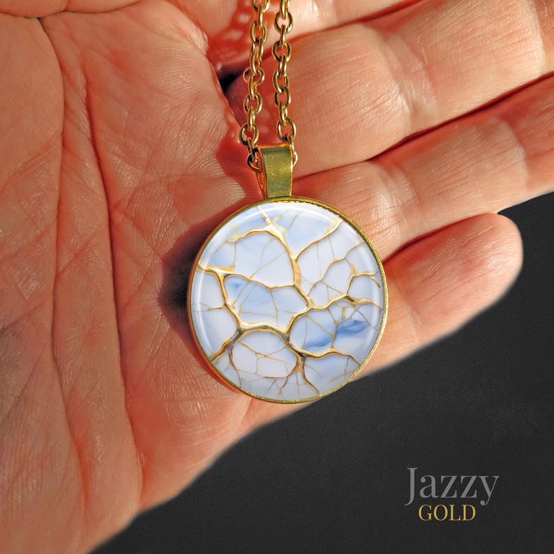 Kintsugi Gold White Quote Necklace, Handmade Jewelry, Glass Dome ...