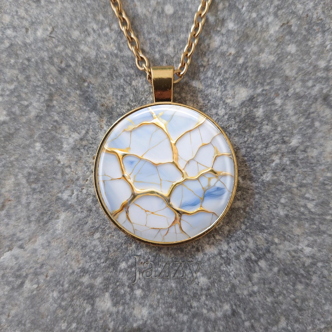 Kintsugi Gold White Quote Necklace, Handmade Jewelry, Glass Dome ...