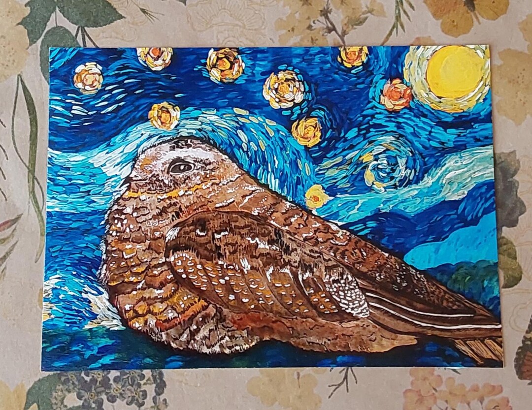 Starry Night Bird Watercolor Print , Watercolor Night Jar, Starry Night ...