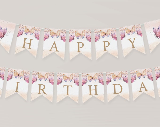 Rainbow Butterfly Birthday Banner, Happy Birthday Banner Printable, 1st ...
