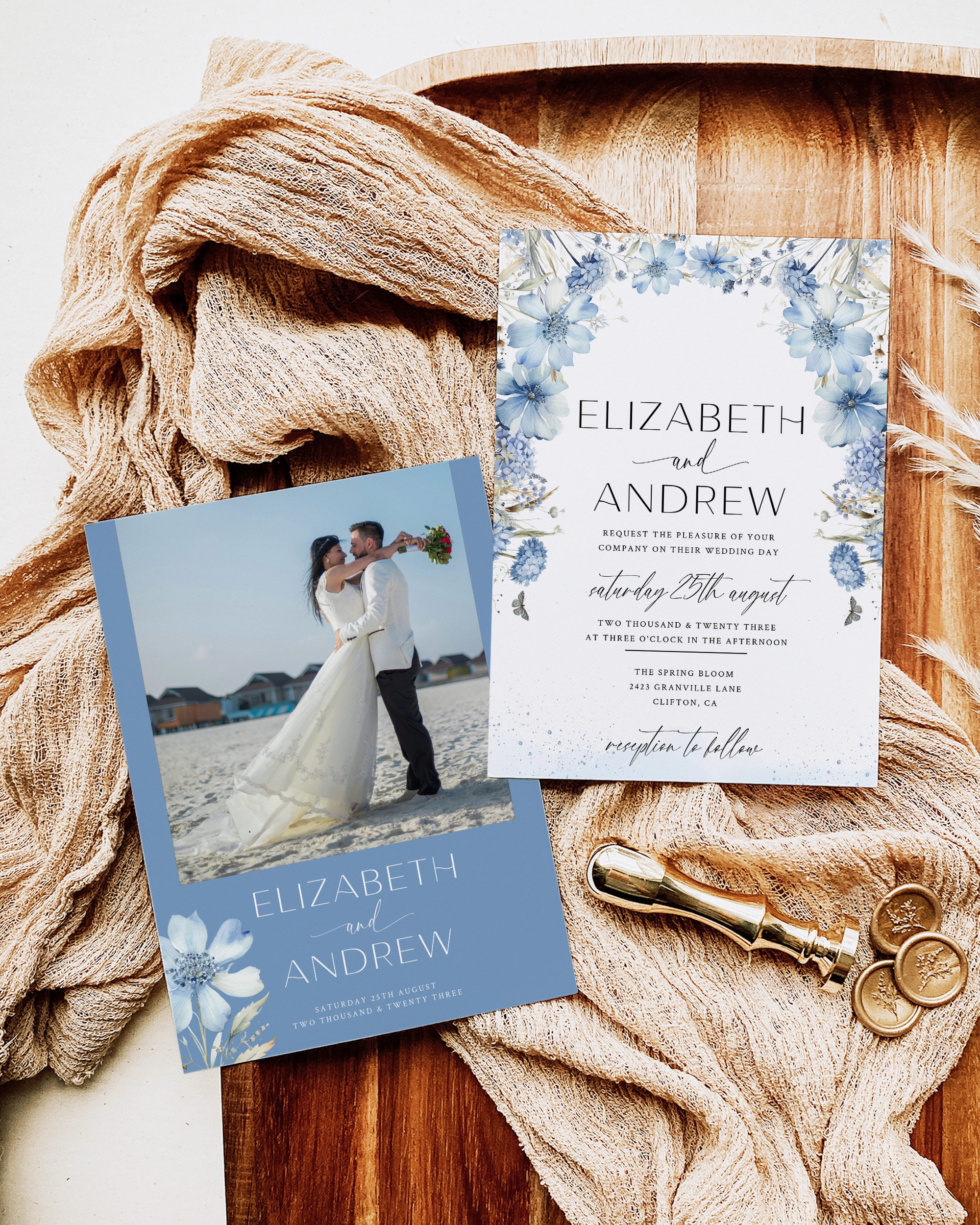 Dusty Blue Floral Wedding Invitation Card Template, Boho Invitation ...