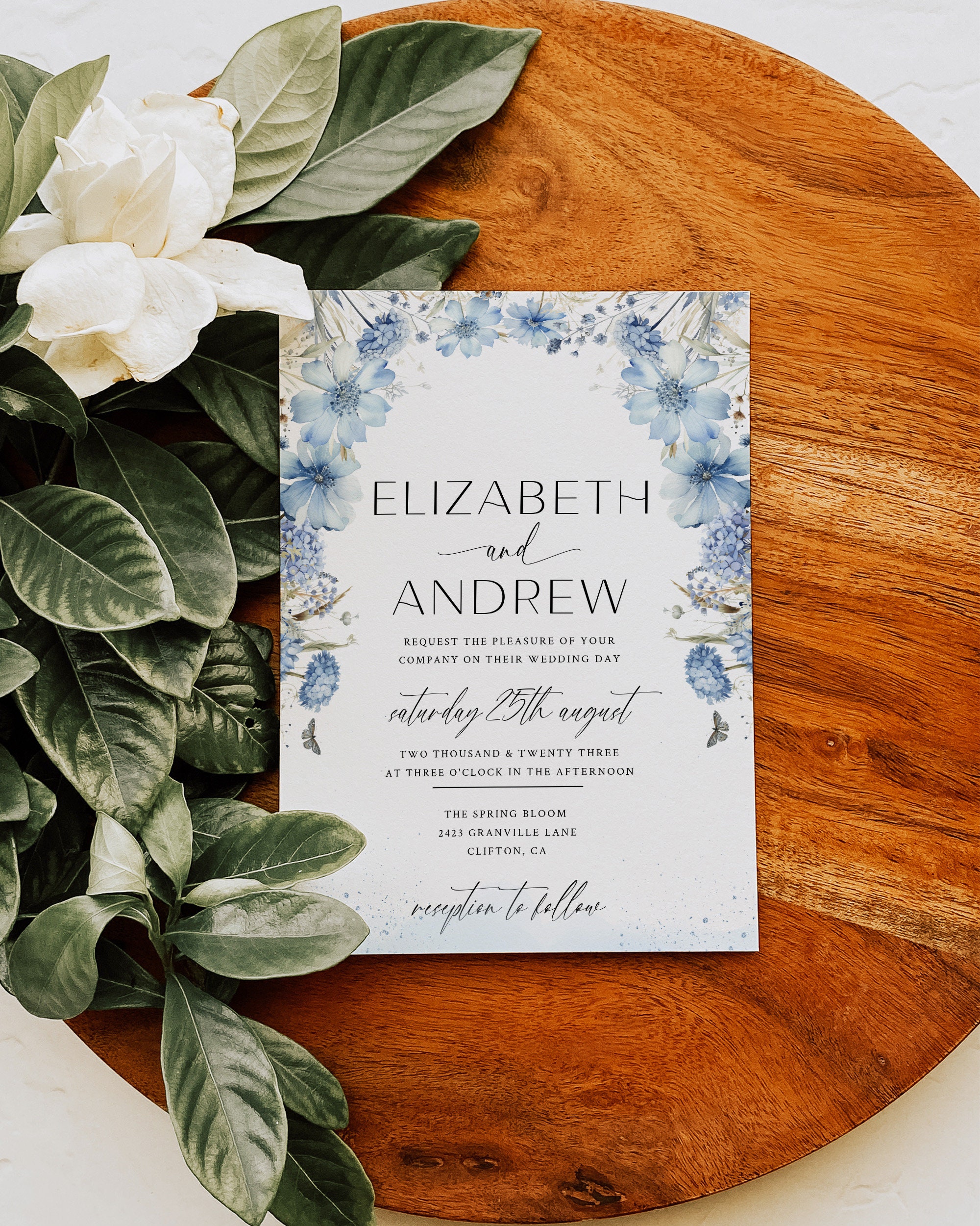 Dusty Blue Floral Wedding Invitation Card Template, Boho Invitation ...