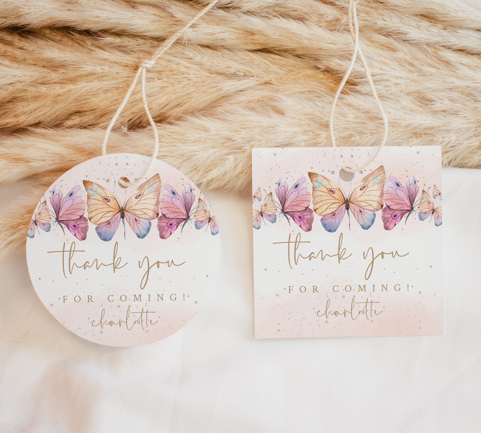 Pink Butterfly Thank You Tags, Printable Round Favor Tag Template ...