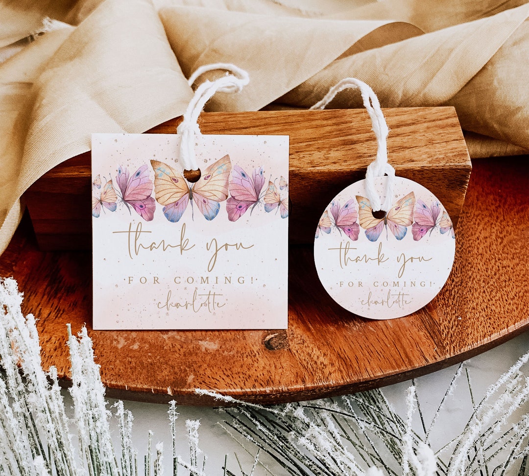 Pink Butterfly Thank You Tags, Printable Round Favor Tag Template ...