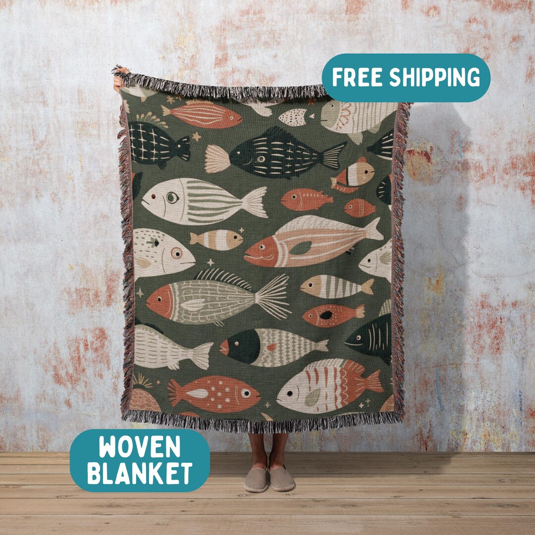 Cabincore Fish Woven Blanket, Whimsical Nordic Tapestry Wall Art ...