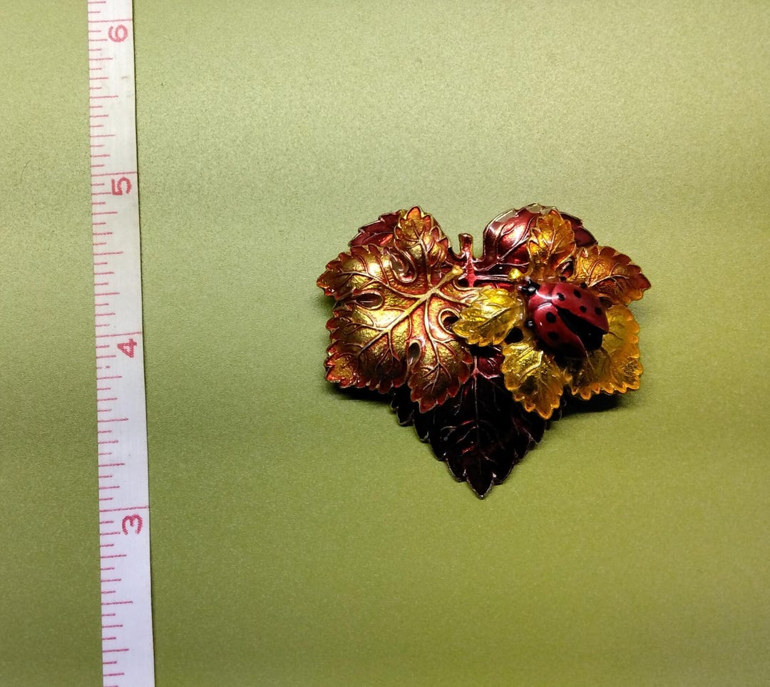 Vintage Autum Maple Leaves With Ladybug Colorful Brooch 1-1/2"x2" Made ...