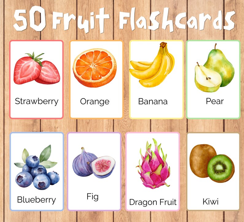 50 Fruits Cards, Fruits Flashcards, Printable Real Pictures Flashcards ...