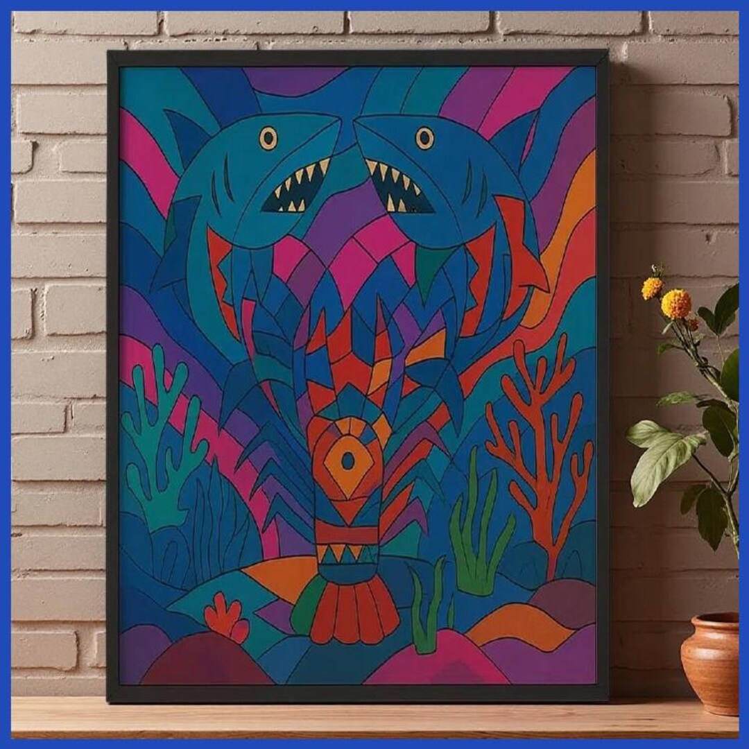 Colorful Shark Wall Art – Geometric Abstract Ocean Poster, Vibrant Sea ...