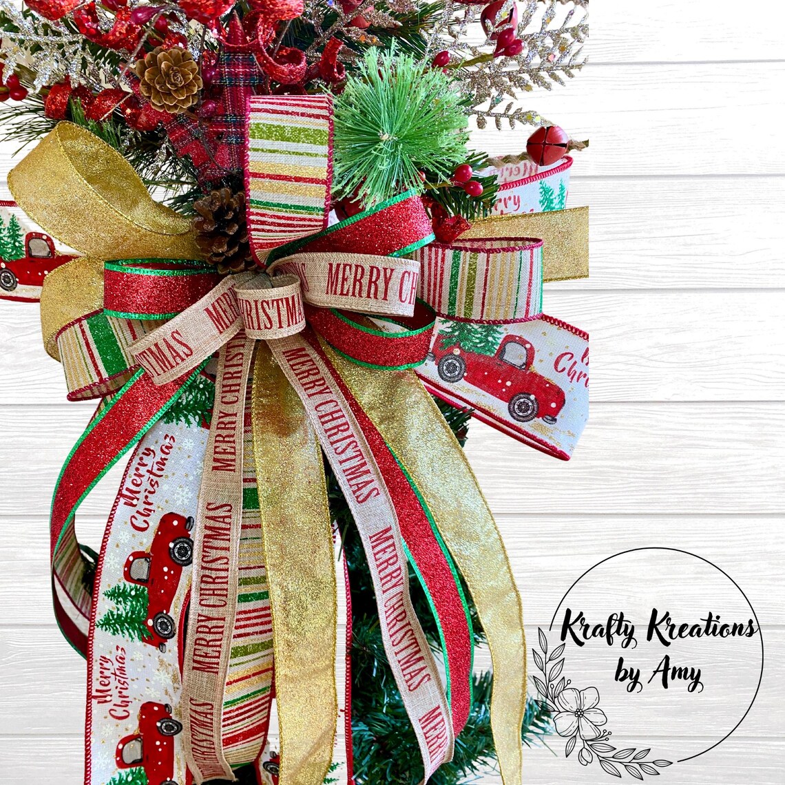 Red Truck Christmas Tree Topper, Elegant Tree Topper, Designer Ribbon ...