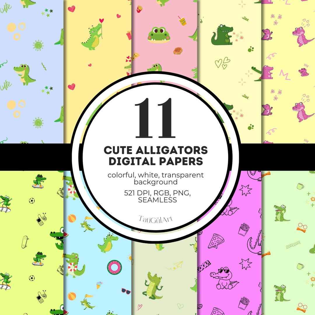 Alligator Digital Paper Set Colorful Crocodile Digital Patterns for Kids Scrapbook Paper ...