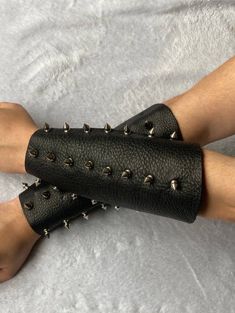 Black Leather Spiked Bracers large Pair sold With Lacing - Etsy UK
