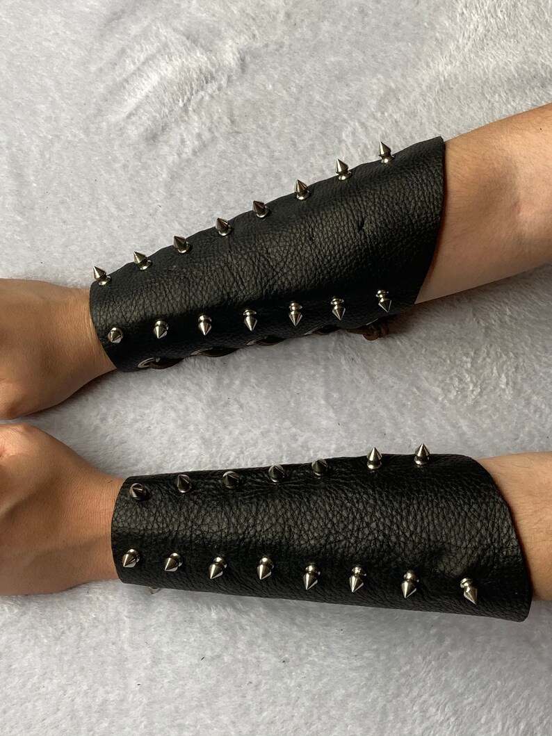 Black Leather Spiked Bracers large Pair sold With Lacing - Etsy UK