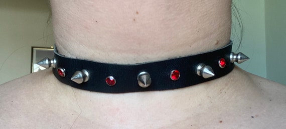 Black Leather Spiked Choker With Red Gem Stones custom Sized | Etsy