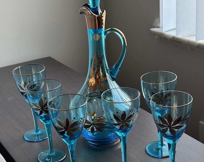 Bohemian Aqua Blue and Gold Romanian Decanter 15" Tall With Stopper and ...