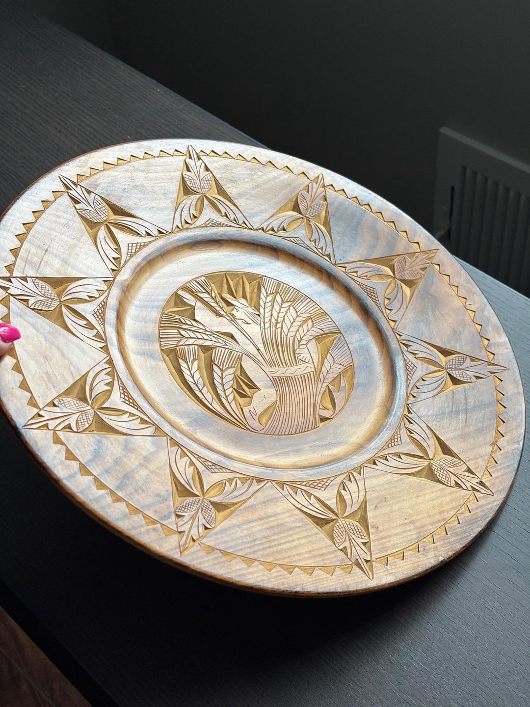 Vintage Polish Hand Carved Wood Decorative Folk Art Plate Wall Hanging ...