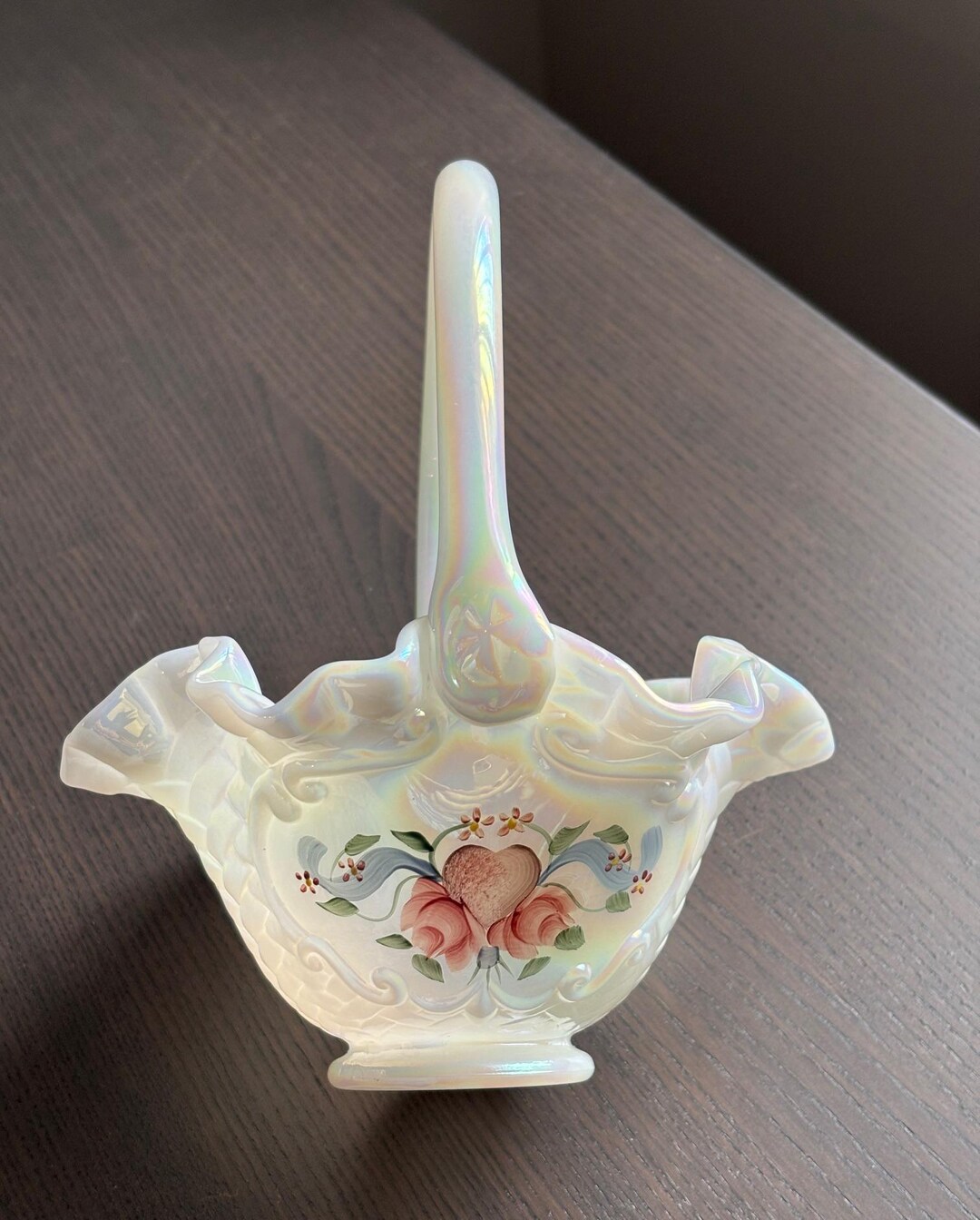 Fenton White Iridescent Pearl Hand Painted Basket Signed by Artist Dane ...
