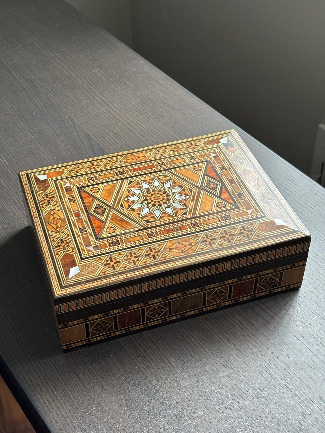 Vintage Syrian Mosaic Marquetry Box: Mother of Pearl Inlay, Walnut Wood ...