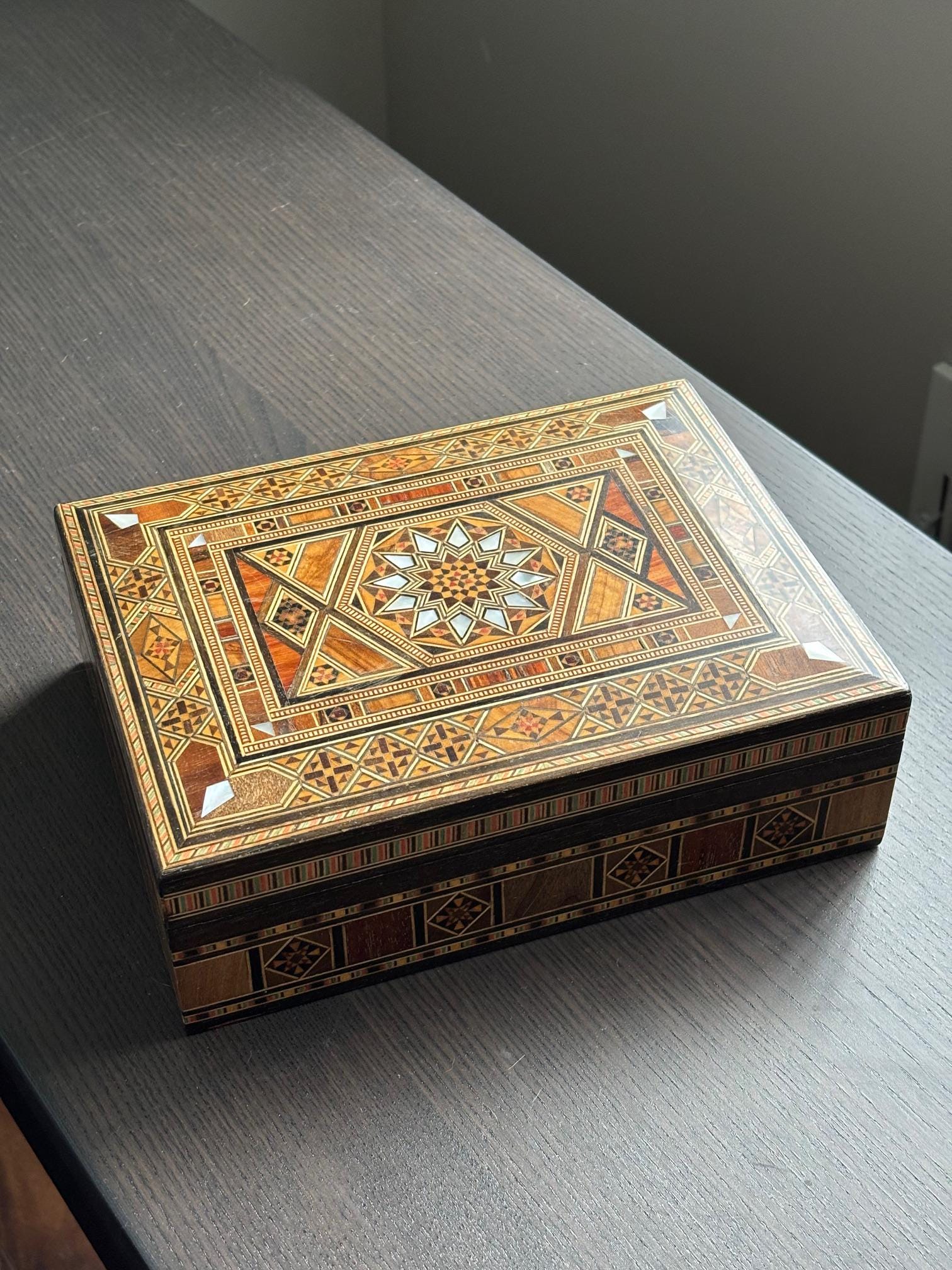 Vintage Syrian Mosaic Marquetry Box: Mother of Pearl Inlay, Walnut Wood ...