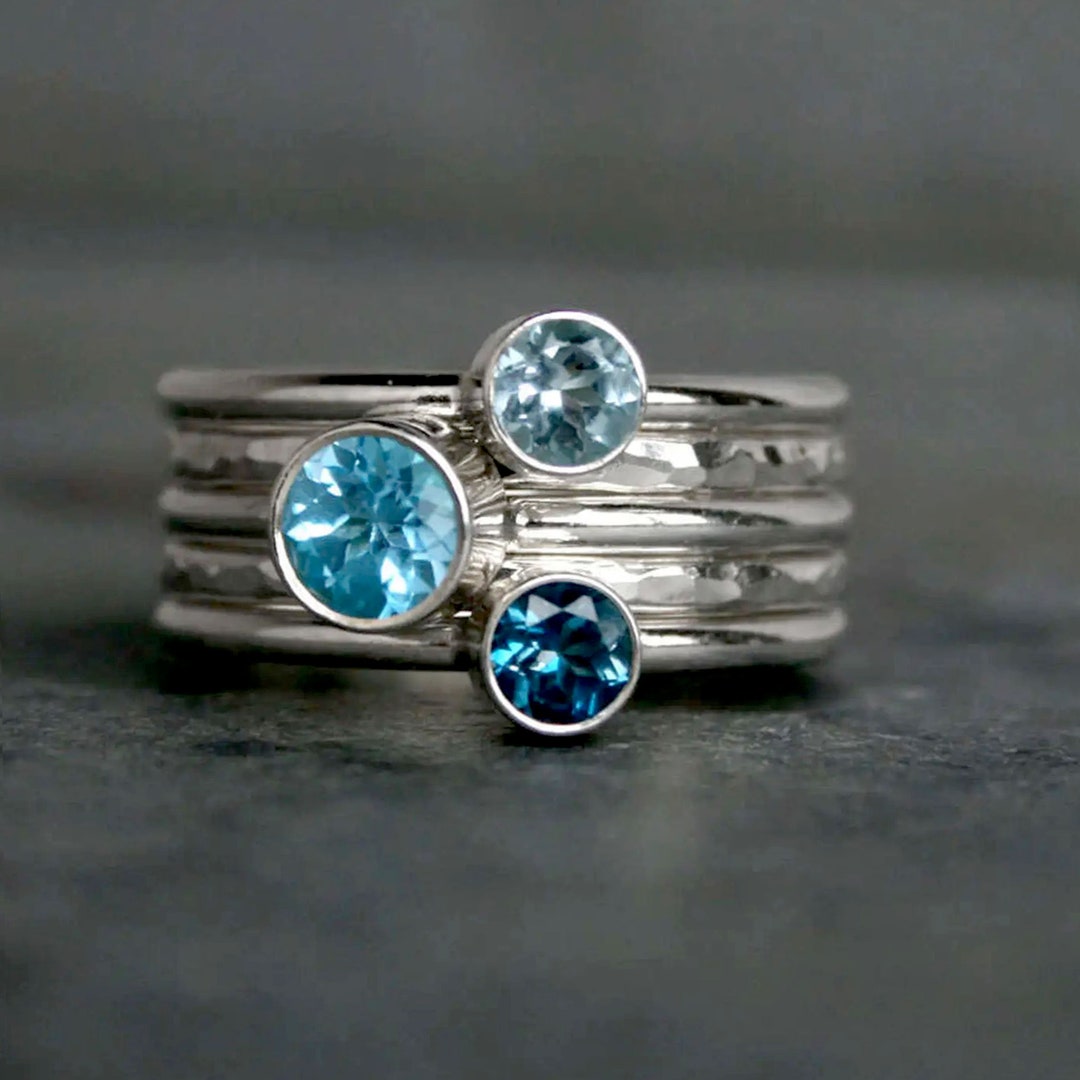 Ocean Blue Stacking Rings, Set of Five Gemstone Stacking Rings Sterling ...