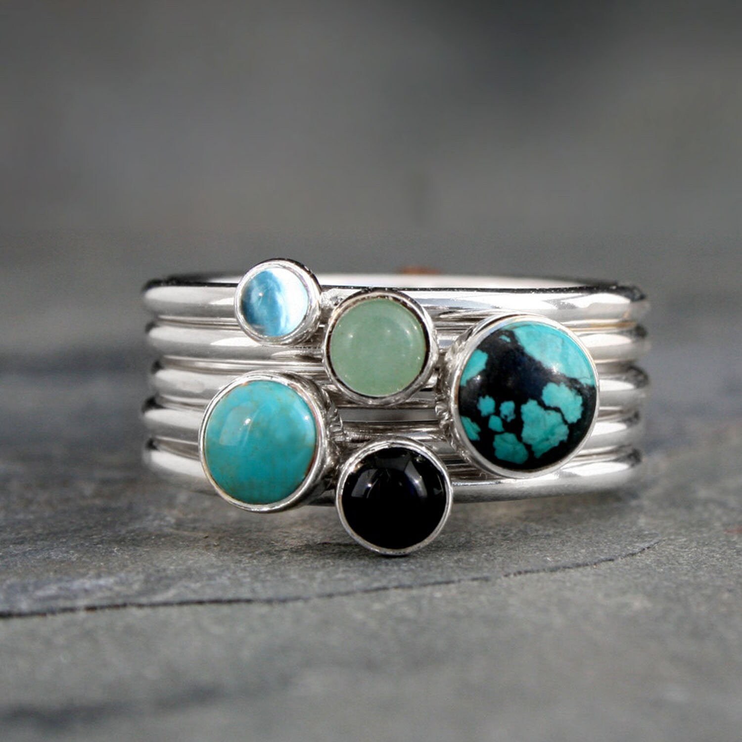 World Traveler Turquoise Stacking Rings Set of 5 Sterling | Etsy
