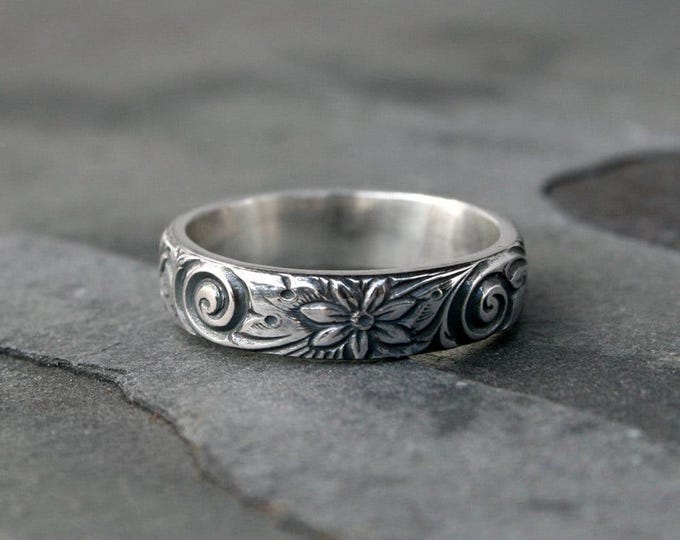 Flower Spiral Sterling Silver Ring Band, Etched Patterned Stacking Ring ...