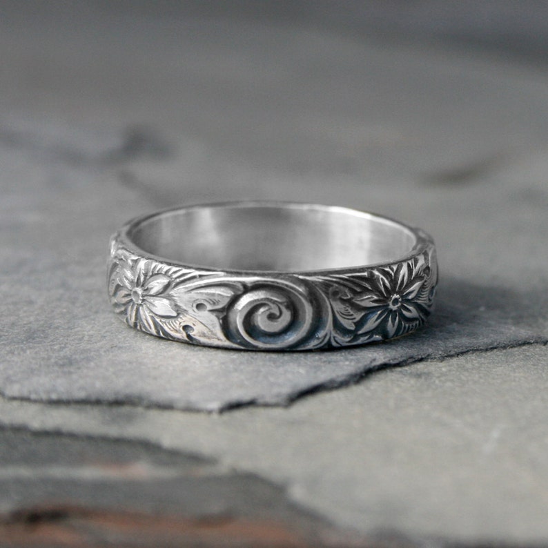 Flower Spiral Sterling Silver Ring Band Etched Patterned - Etsy