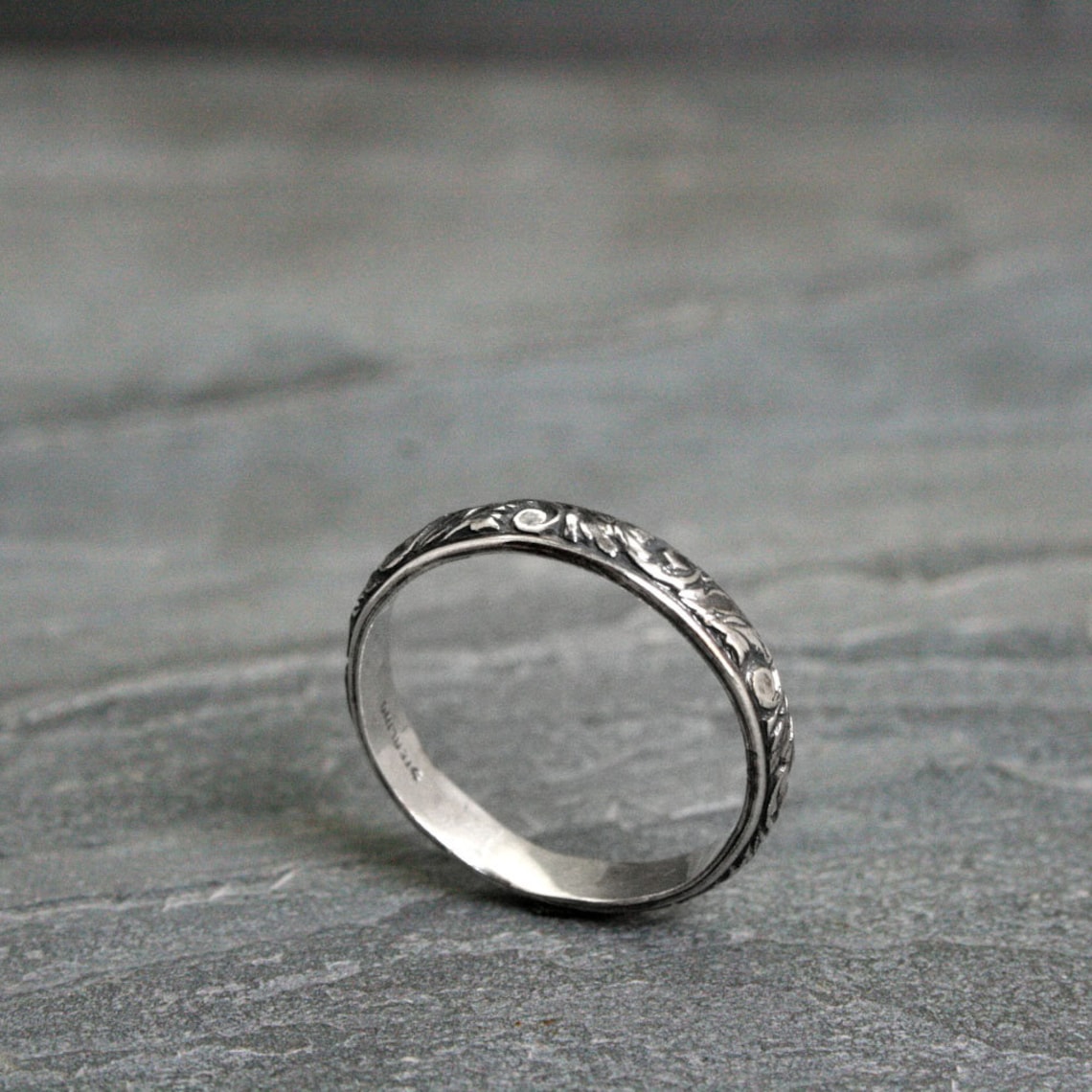Sterling Silver Etched Ring Band Floral Pattern Acanthus - Etsy
