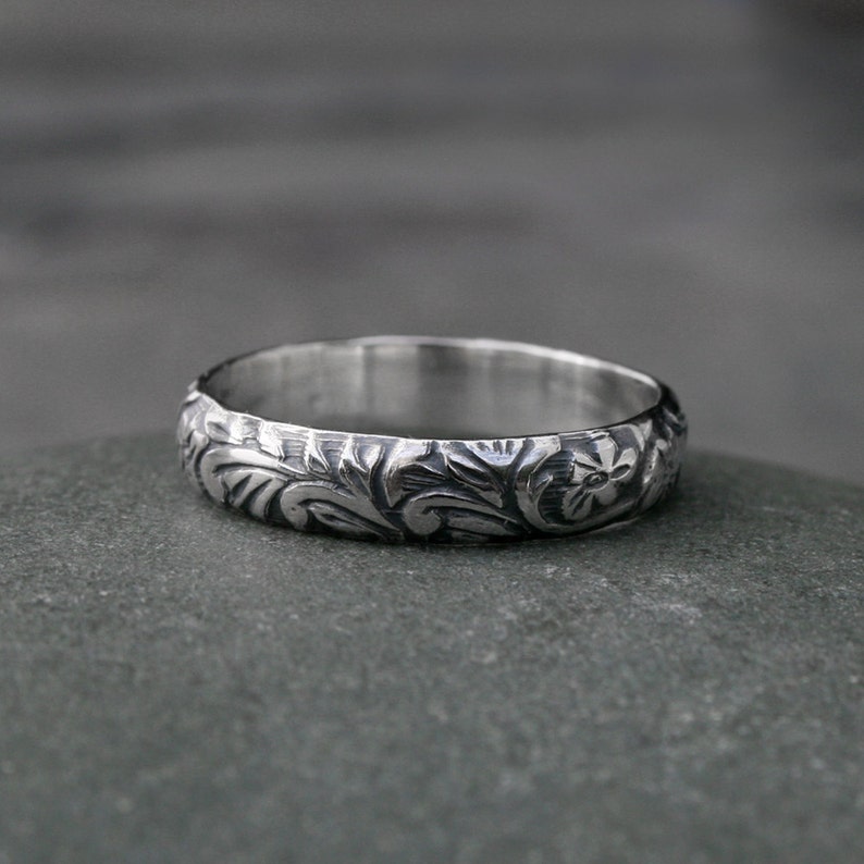 Sterling Silver Etched Ring Band Embossed Stacking Ring - Etsy