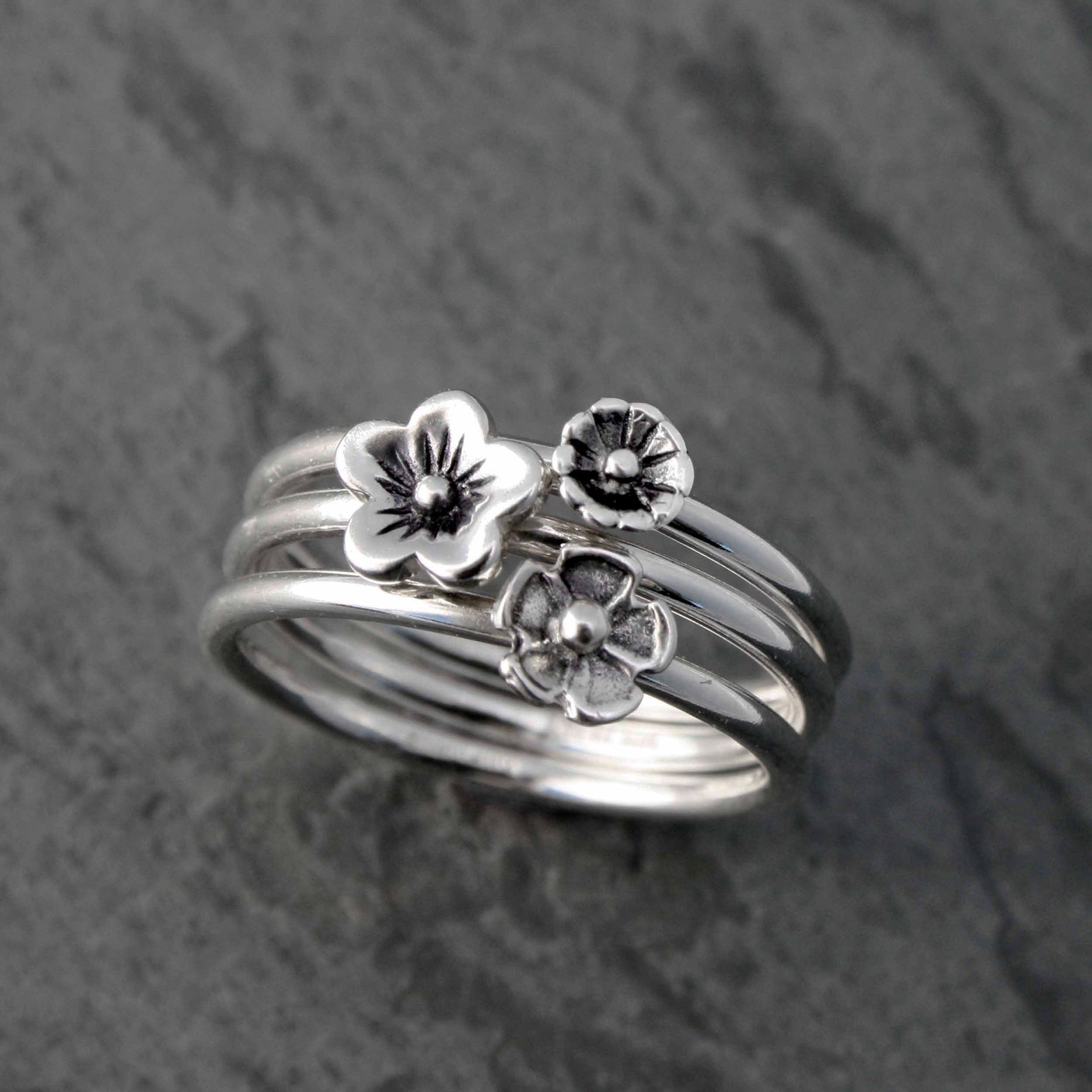 Set of 3 Flower Rings Sterling Silver Stacking Rings Set of - Etsy