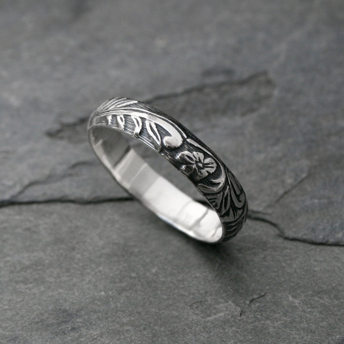 Sterling Silver Etched Ring Band Embossed Stacking Ring - Etsy