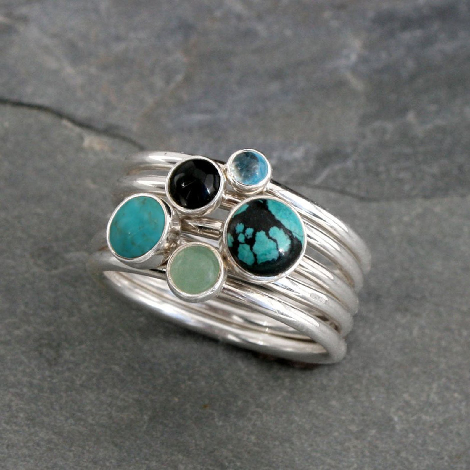 World Traveler Turquoise Stacking Rings Set of 5 Sterling | Etsy