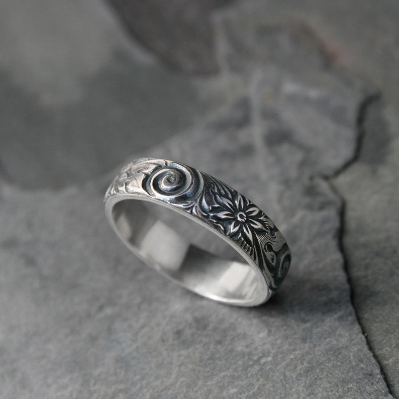 Flower Spiral Sterling Silver Ring Band Etched Patterned - Etsy