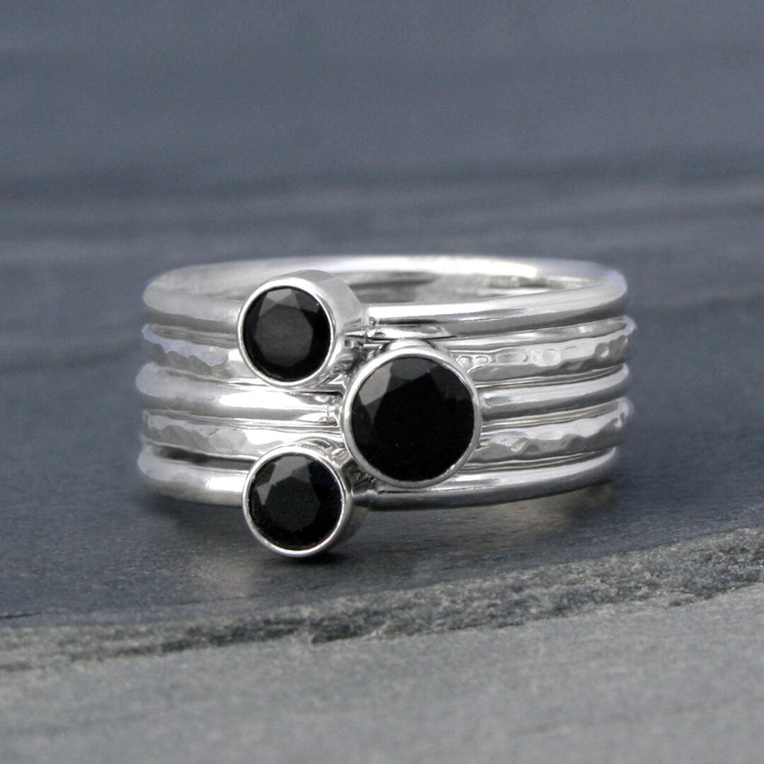 Black Spinel Stacking Rings, Set of 5 Sterling Silver Faceted Gemstone ...