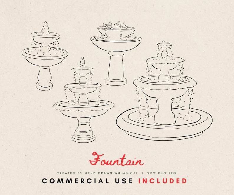 Fountain Line Art SVG PNG JPG, Hand Drawn Garden Fountain Clipart ...