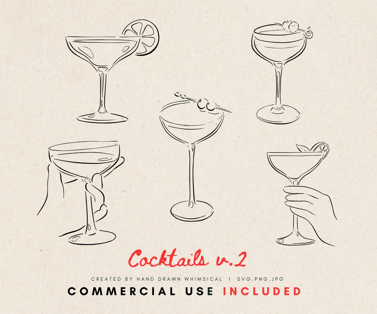 Cocktail Glass Line Art Clipart – Hand Drawn Minimal Martini Glass PNG ...