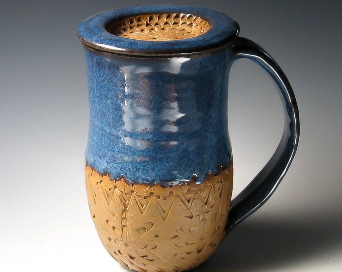 Denim Blue Coffee Mug With Lid Handcarved Pottery Mug With - Etsy