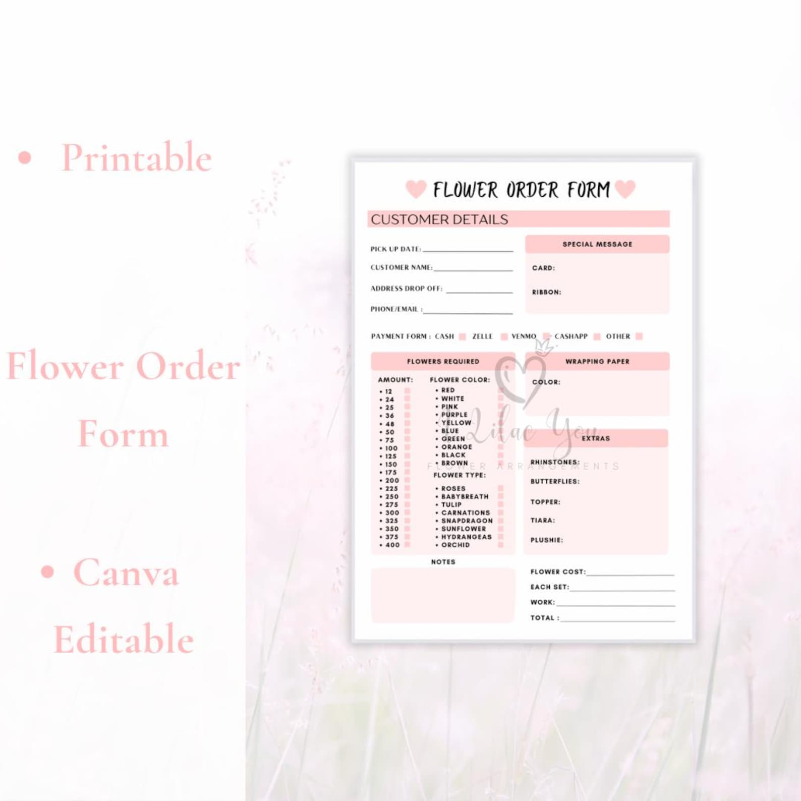 Printable Florist Order Form: Editable Flower Business Template (PDF ...