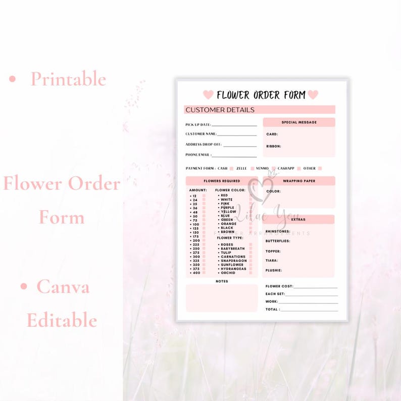 Printable Florist Order Form: Editable Flower Business Template (PDF ...
