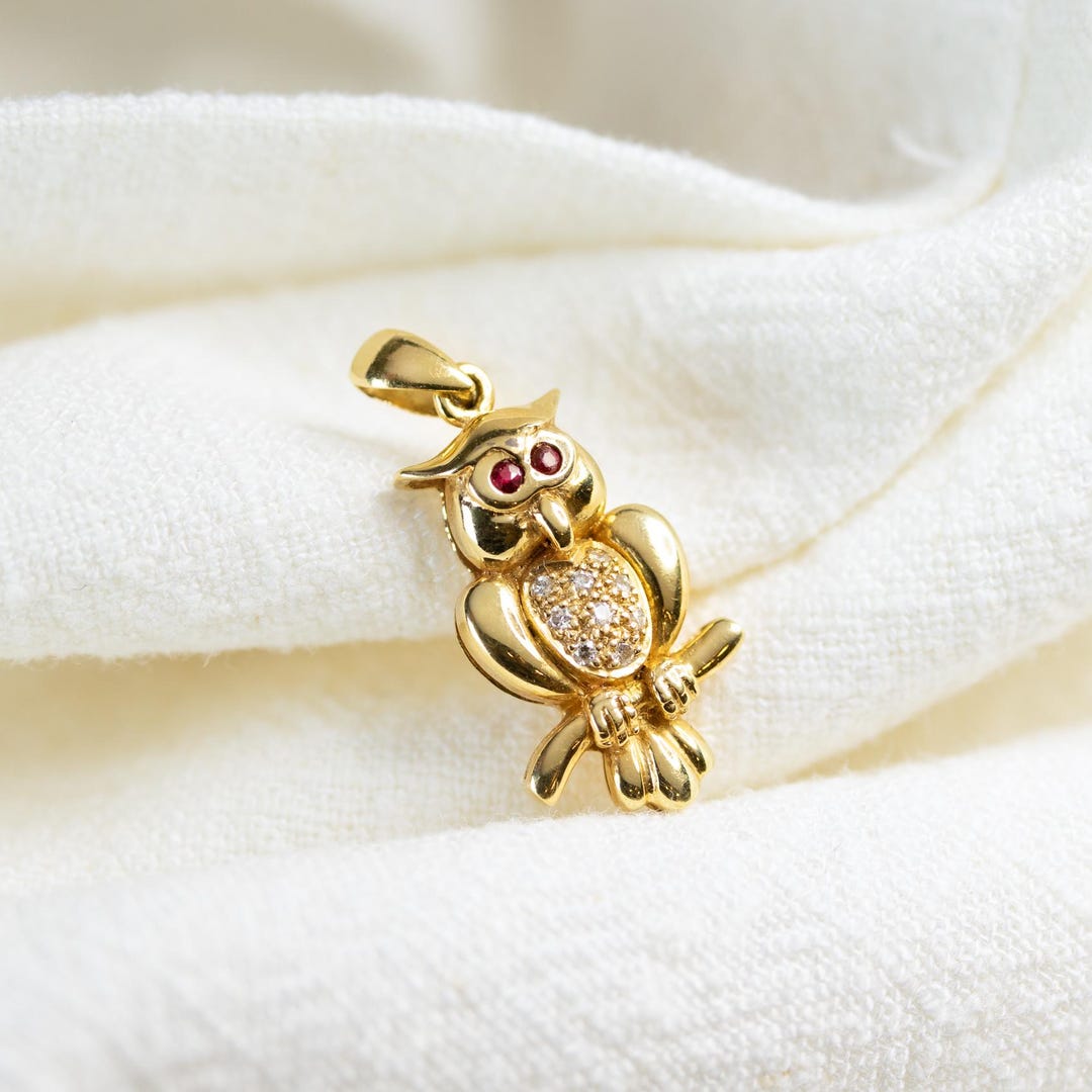Vintage 18k Yellow Gold Diamond Ruby Owl Pendant - 1990s Charm - Etsy