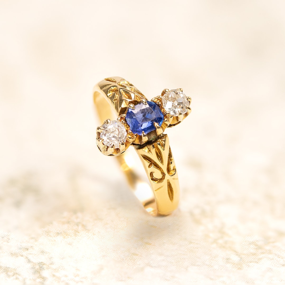 Victorian Era Sapphire & Diamond Vertical Three Stone 18 Carat Ring ...