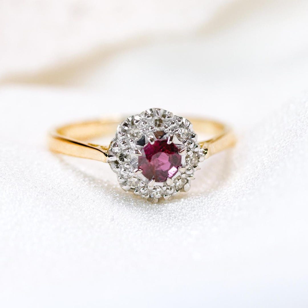 Vintage Ruby Diamond Halo Ring – 18K Gold & Platinum, Size M.5 - Etsy ...