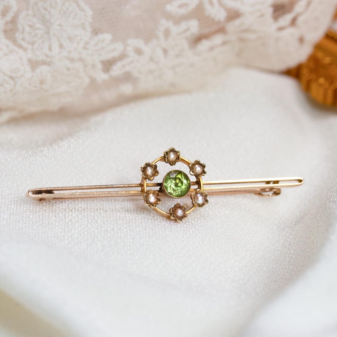Genuine 1880's Antique Rose Gold Peridot & Natural Pearl Pin Brooch ...